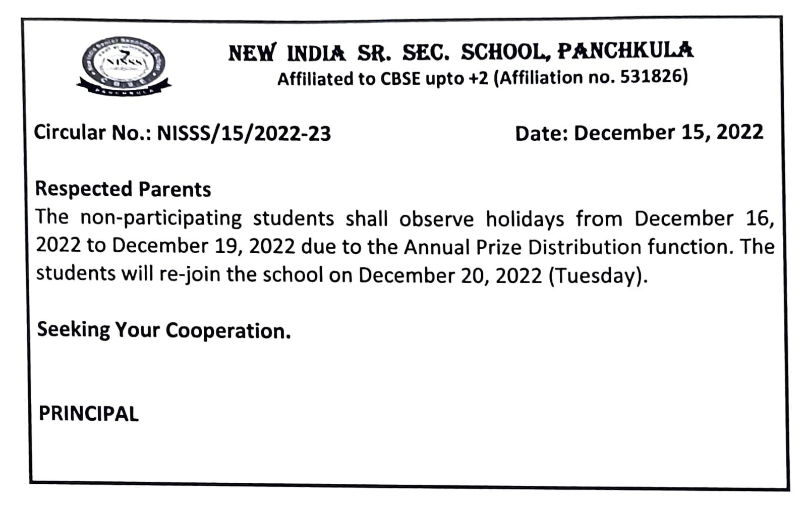 Circulars - Top School in Panchkula | New India